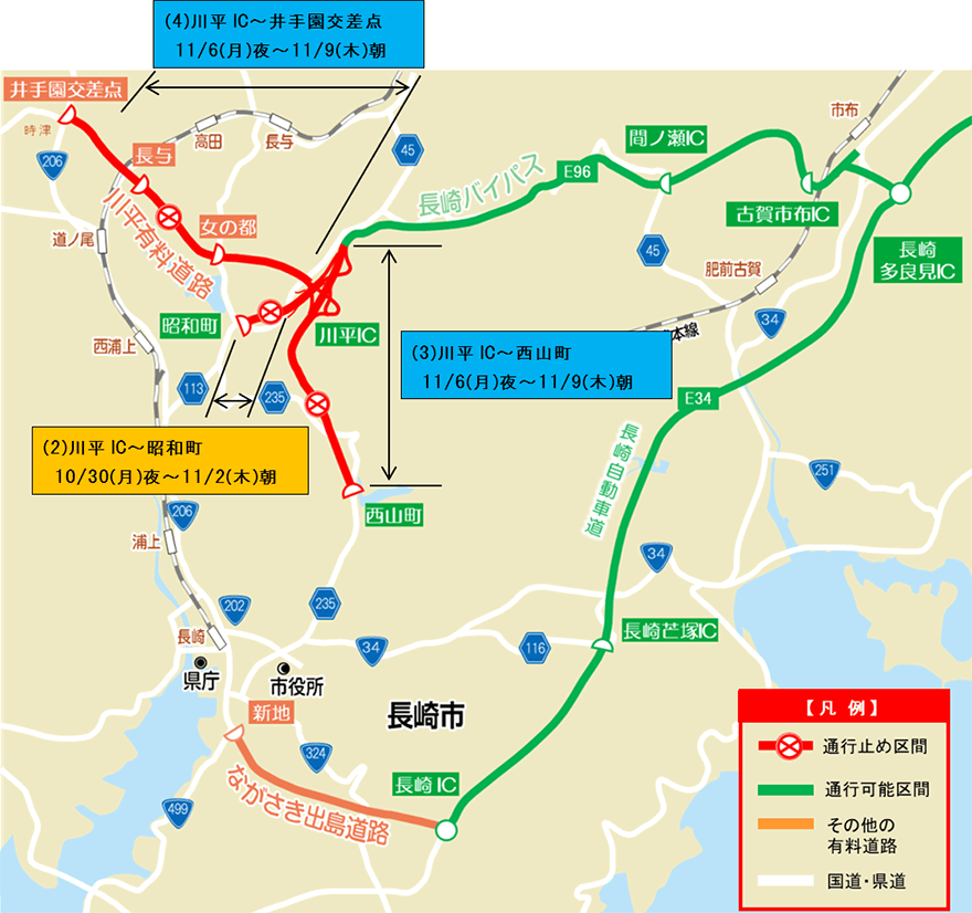 E34長崎自動車道 東そのぎIC出口の夜間閉鎖、E96 長崎バイパス（川平IC～昭和町間、川平IC～西山町間）および川平有料道路（川平IC～井手園交差点）の夜間通行止めを実施します ...
